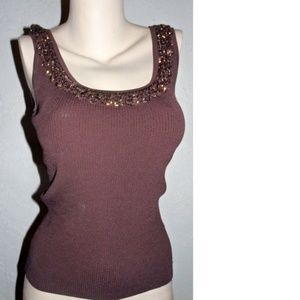 Cache | Tops | Cache Dark Brown Sleeveless Beaded Knit Sweater | Poshmark